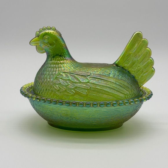 Indiana Glass | Art | Lime Green Iridescent Indiana Glass Hen On Nest ...